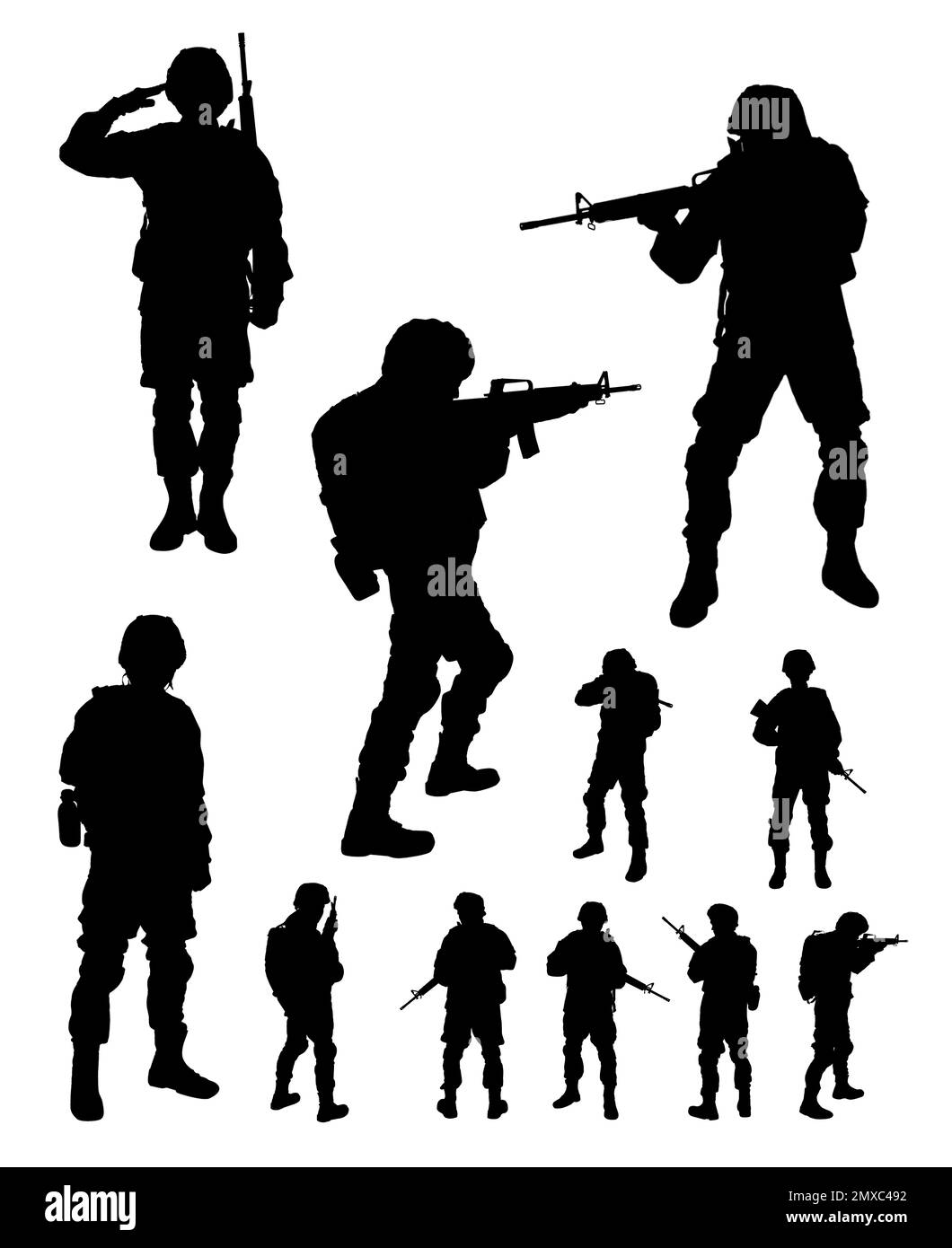 Collage with silhouettes of soldiers on white background. Military ...