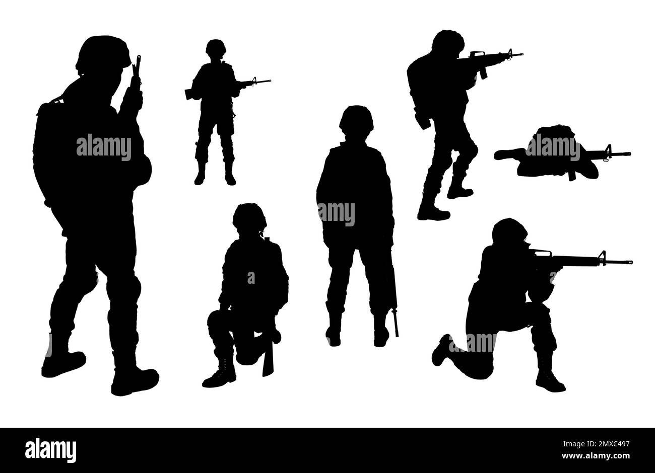Collage with silhouettes of soldiers on white background. Military ...