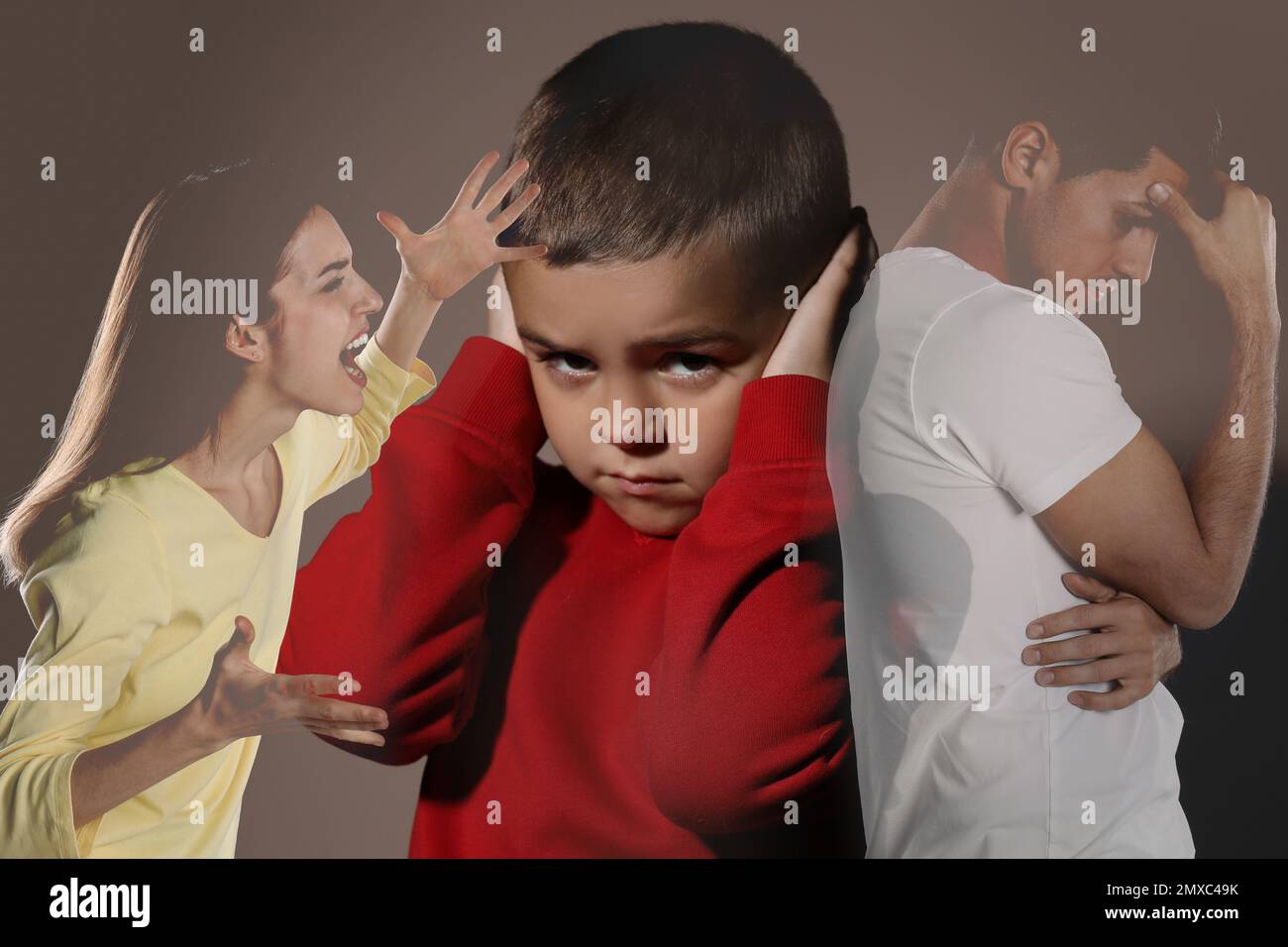 Double exposure of scared little boy and his arguing parents Stock ...