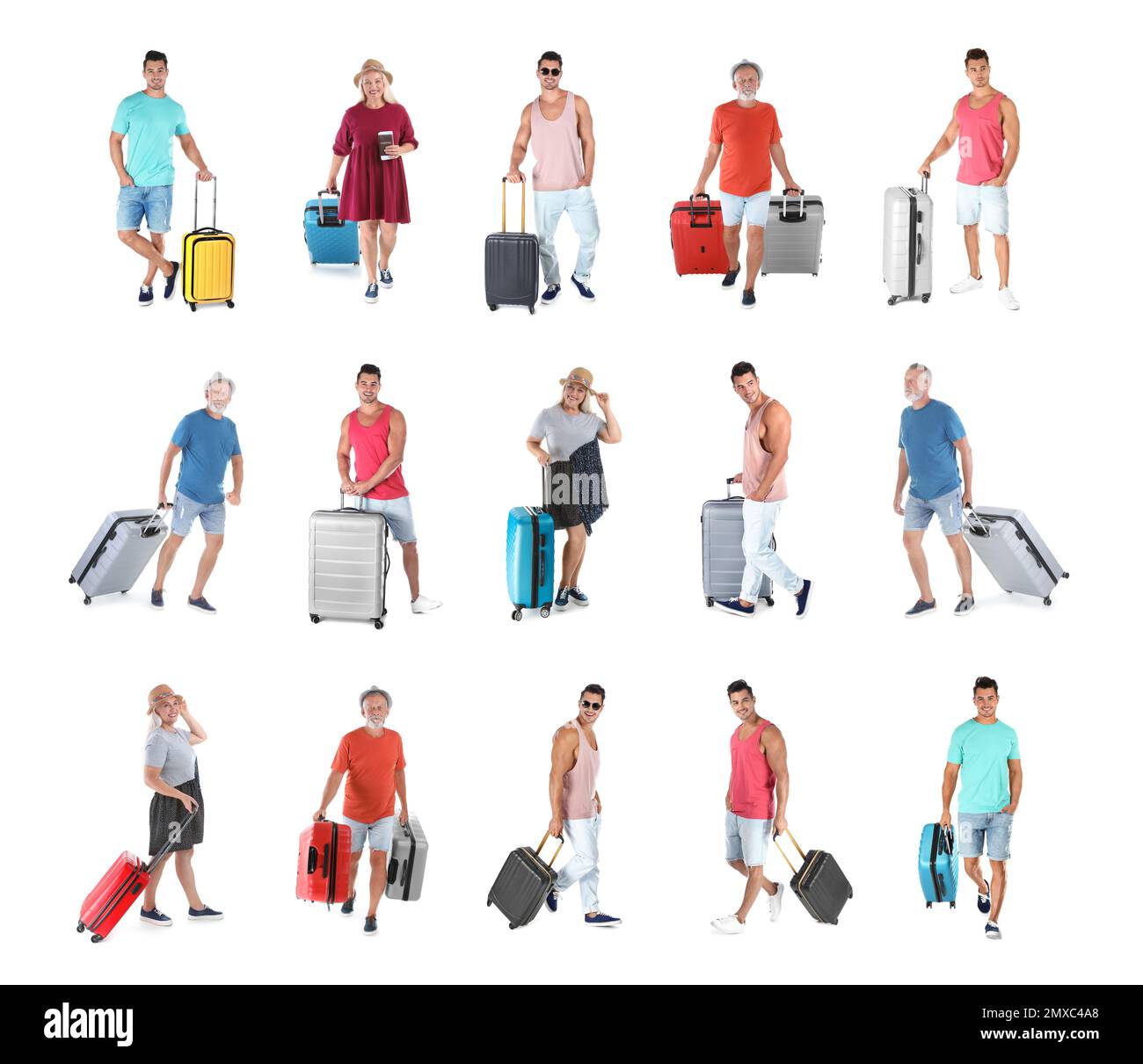 People with different suitcases on white background, collage Stock ...