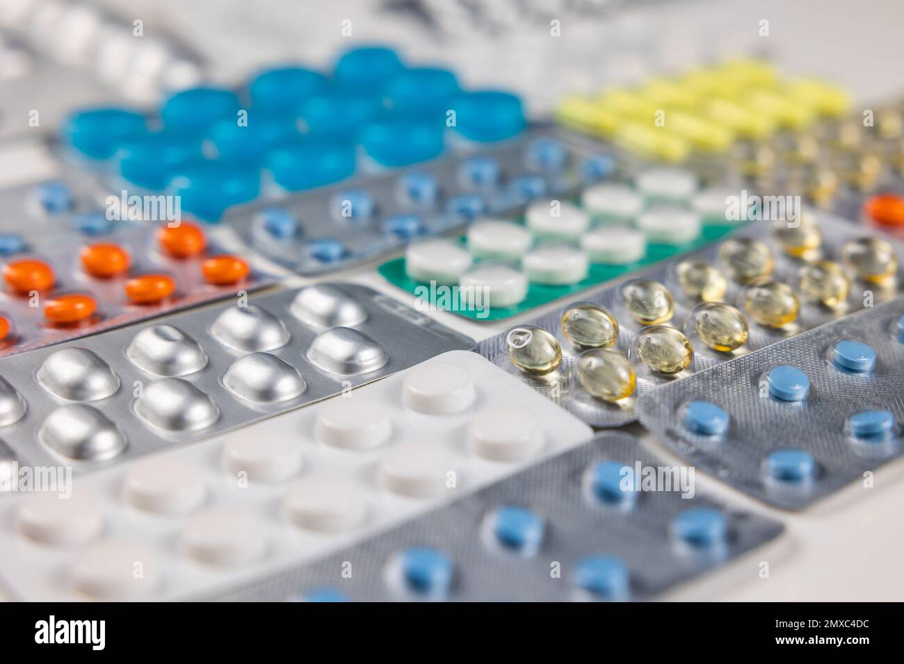 Medicines or pills or drugs in plastic blister packs. Healthcare ...