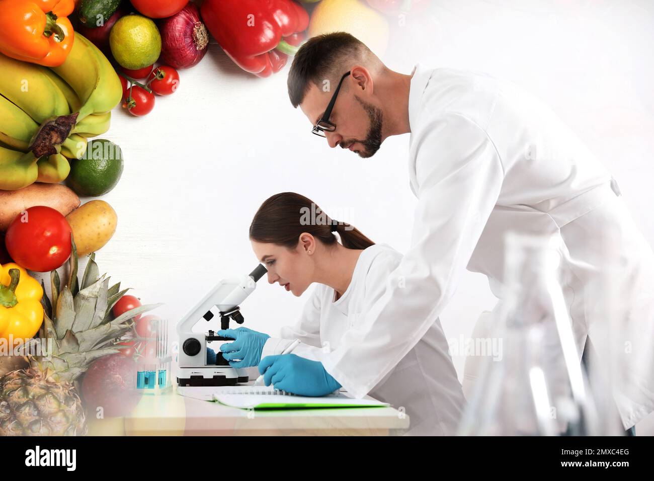 Scientist with microscope at table and her colleague in laboratory ...