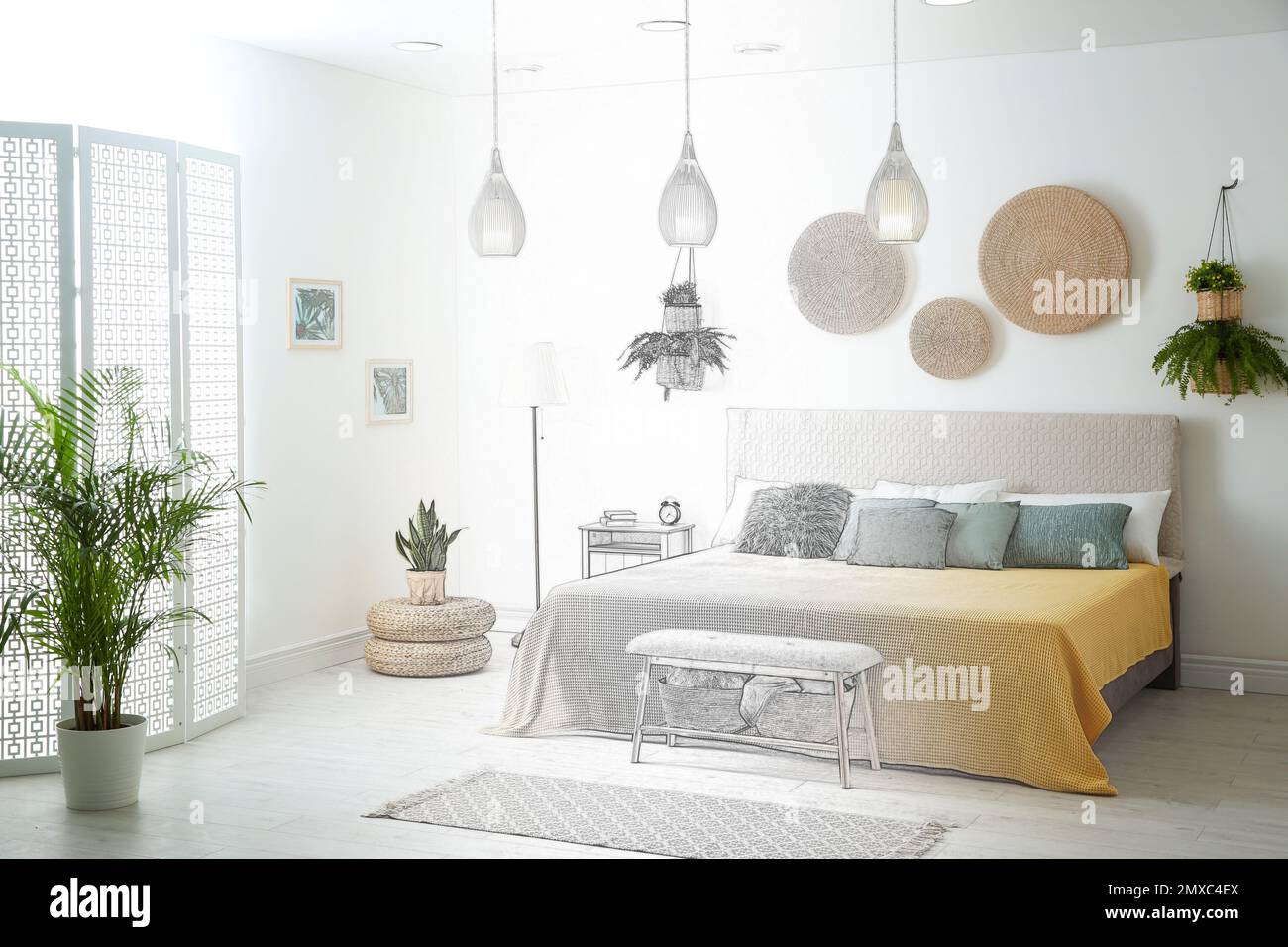 Stylish room with large comfortable bed. Illustrated interior design ...