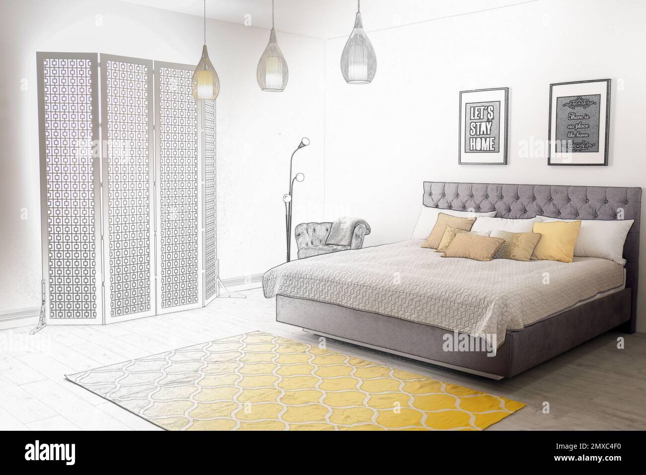 Stylish room with large comfortable bed. Illustrated interior design ...