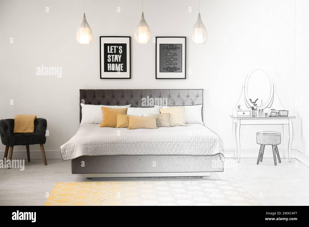 Stylish room with large comfortable bed. Illustrated interior design ...