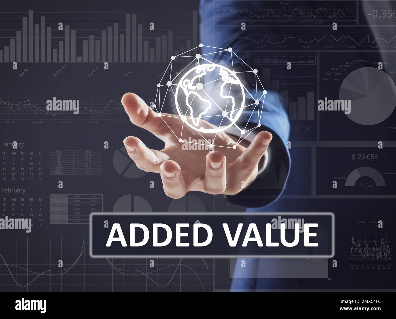 Added value concept. Businessman demonstrating world globe and charts ...