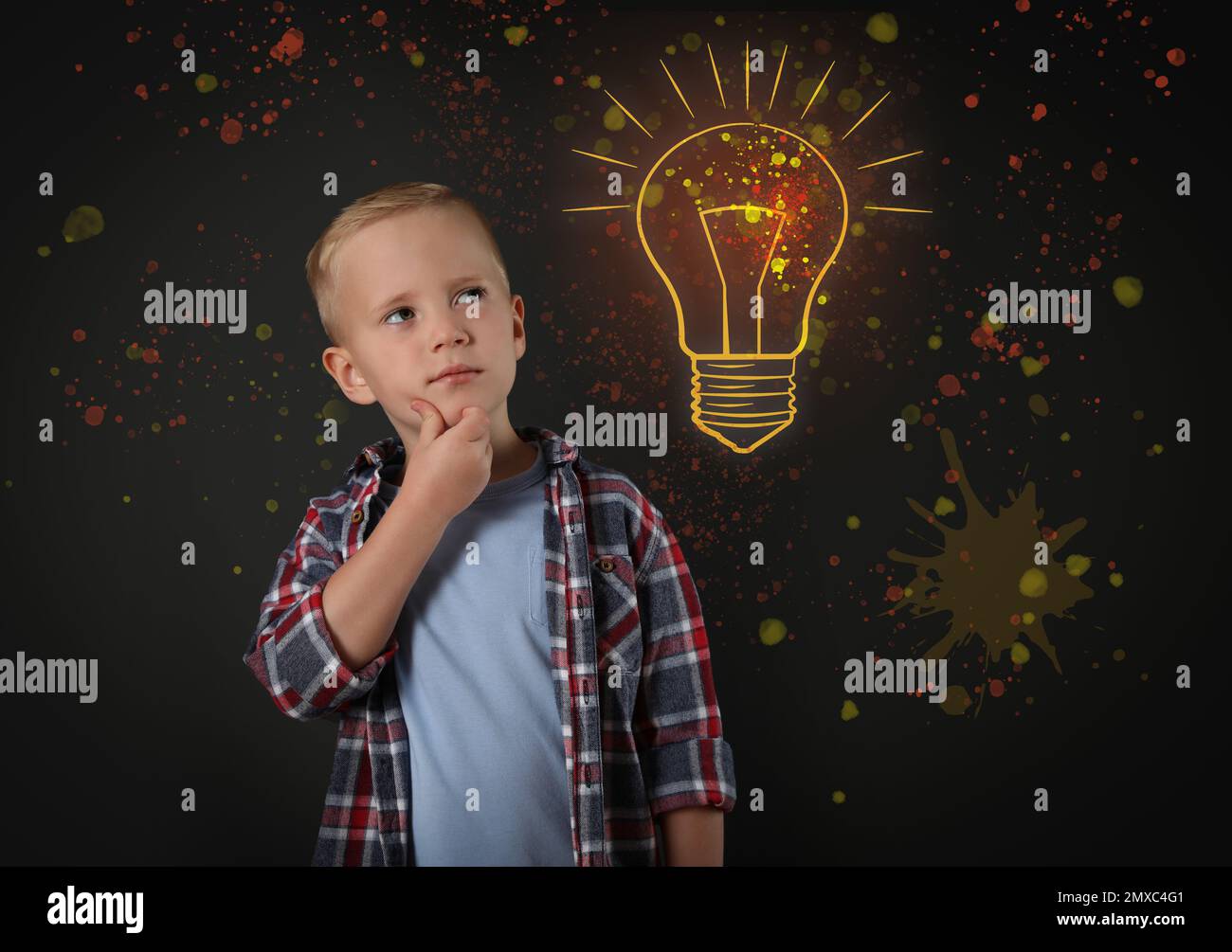 Lightbulb illustration and thoughtful little boy on dark background ...