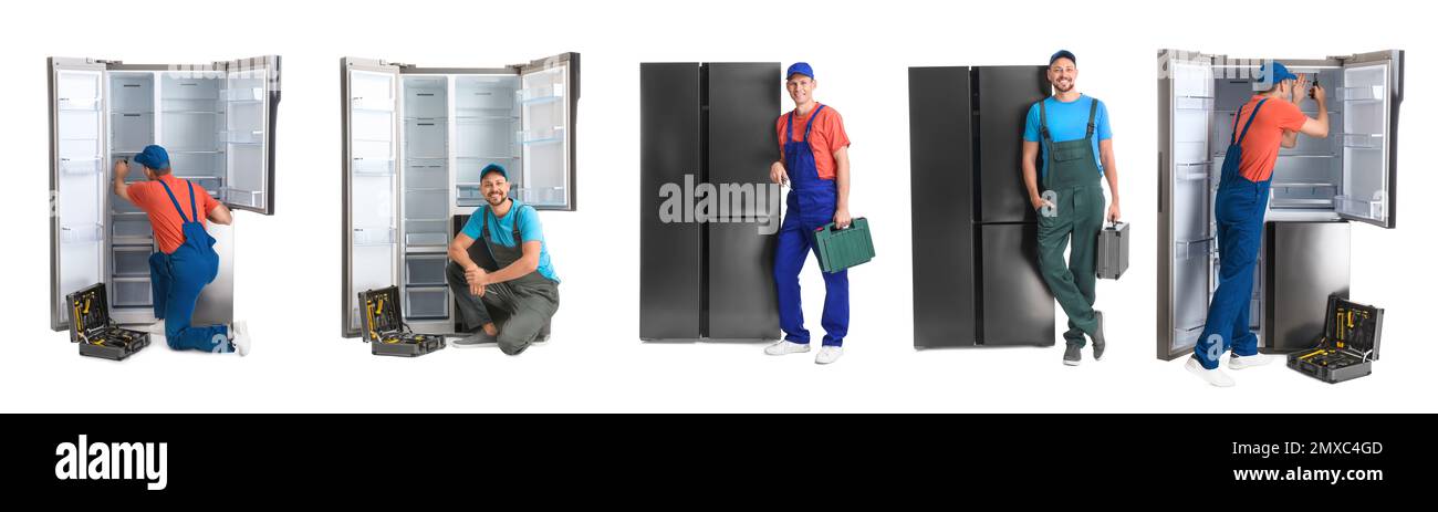 Collage of technical workers near refrigerators on white background ...