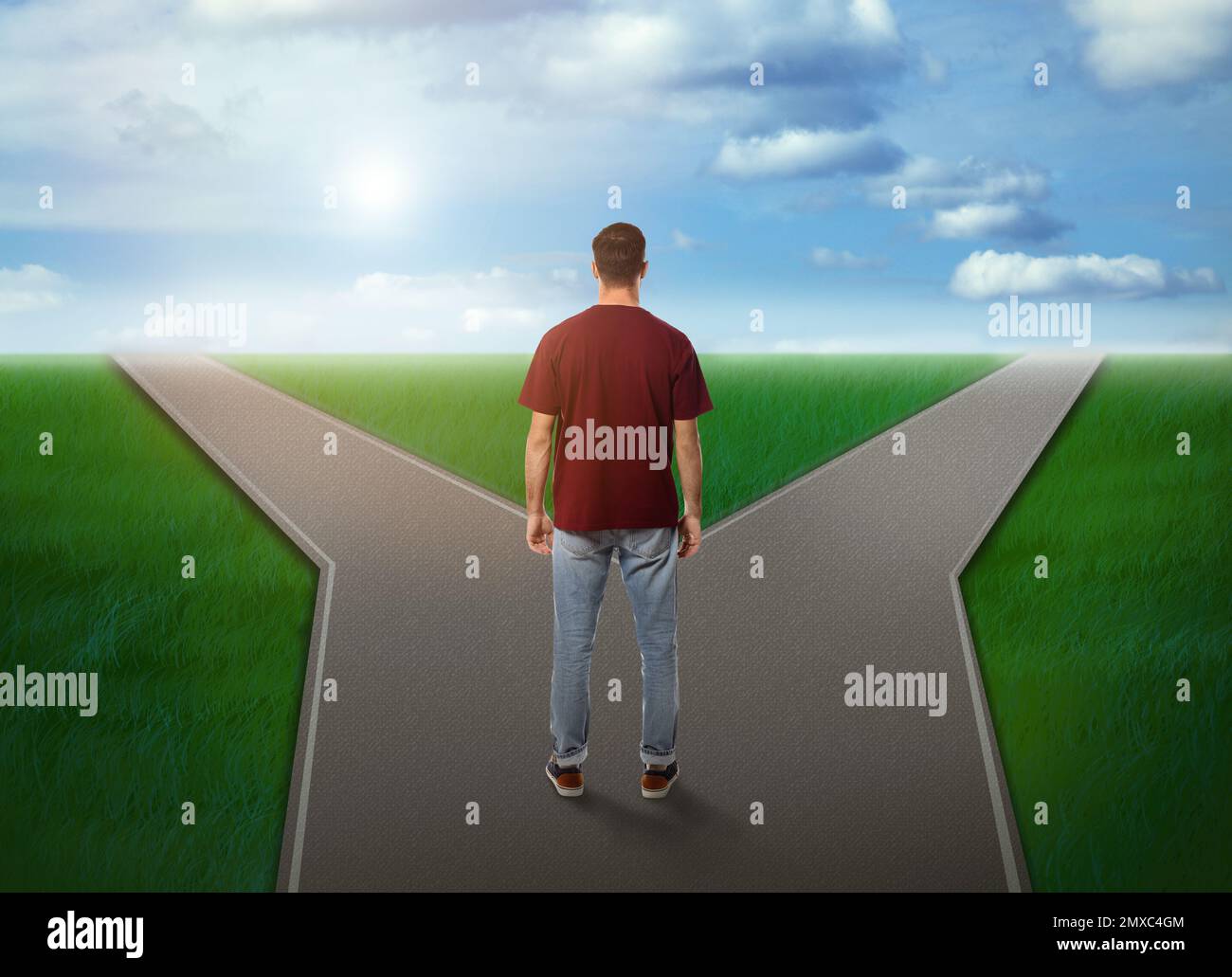 Choose your way. Man standing at crossroads taking important decision ...