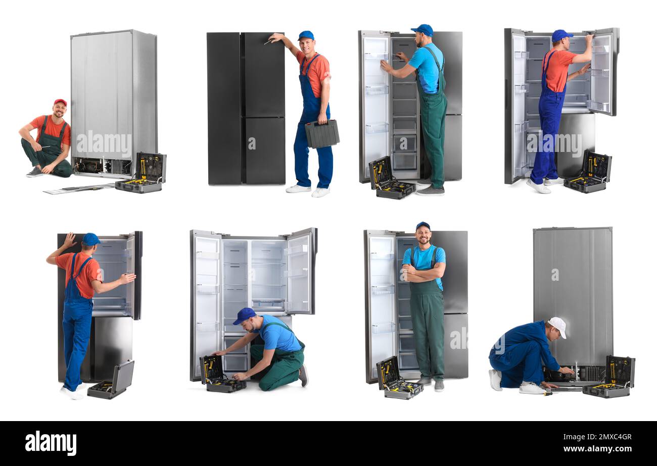 Collage of technical workers near refrigerators on white background ...