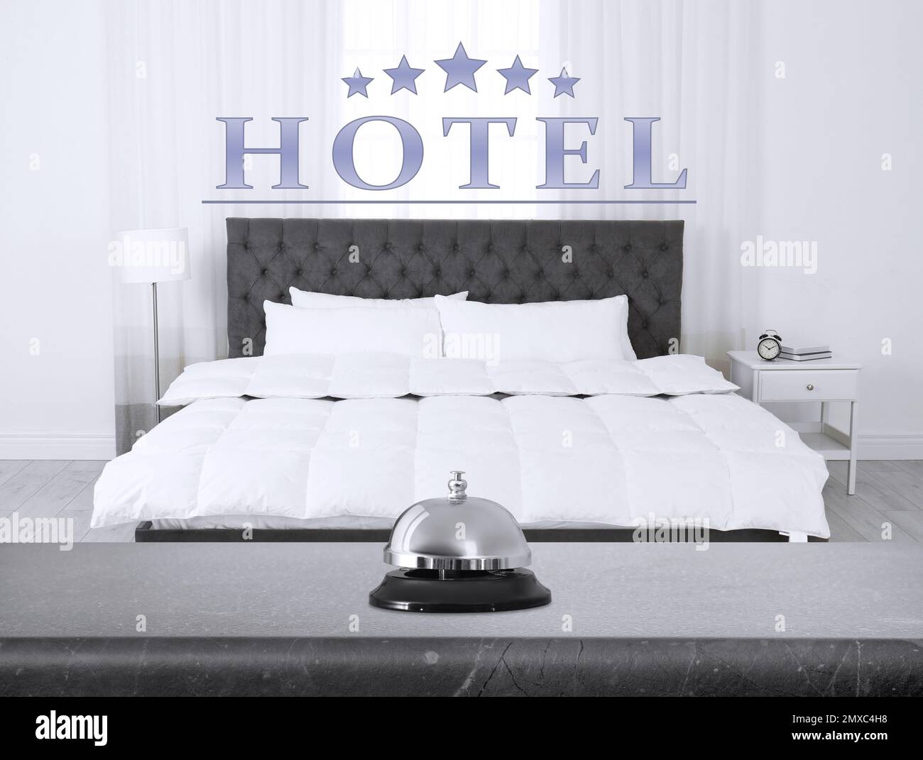 5 Star hotel. Reception desk with service bell and view of luxury ...