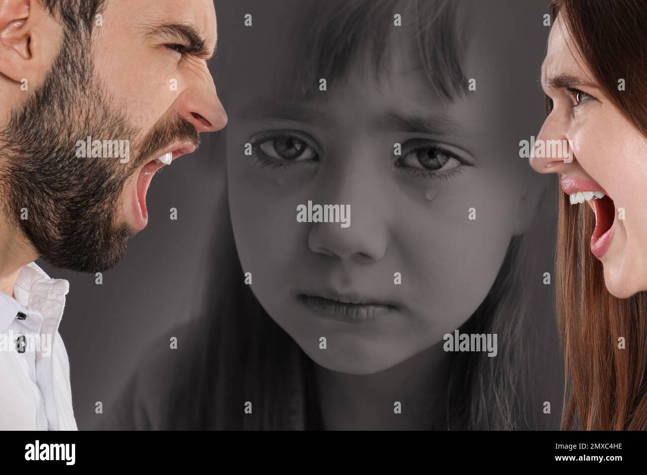 Double exposure of sad little girl and her arguing parents Stock Photo ...