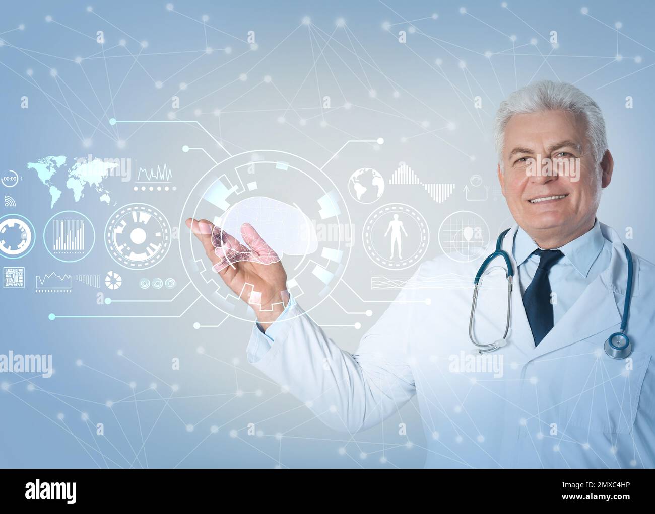 Senior doctor demonstrating machine learning model on light background ...