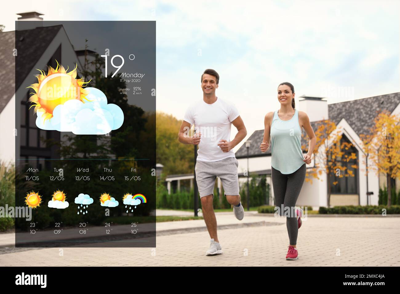 Sporty couple running on street and weather forecast widget. Mobile ...