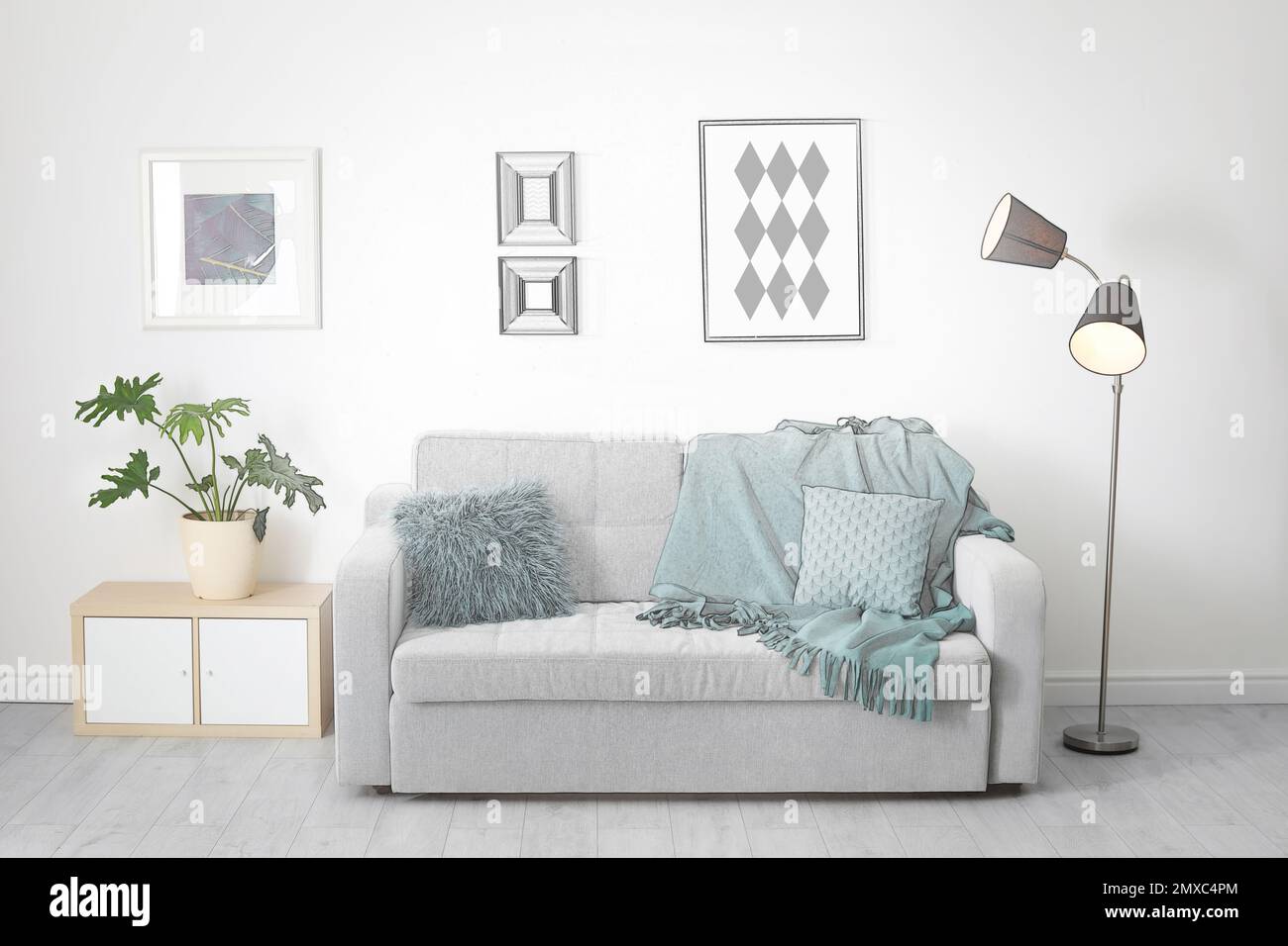 Stylish living room with comfortable sofa. Illustrated interior design ...