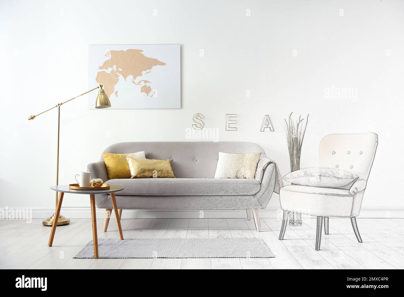 Modern living room with comfortable sofa. Illustrated interior design ...