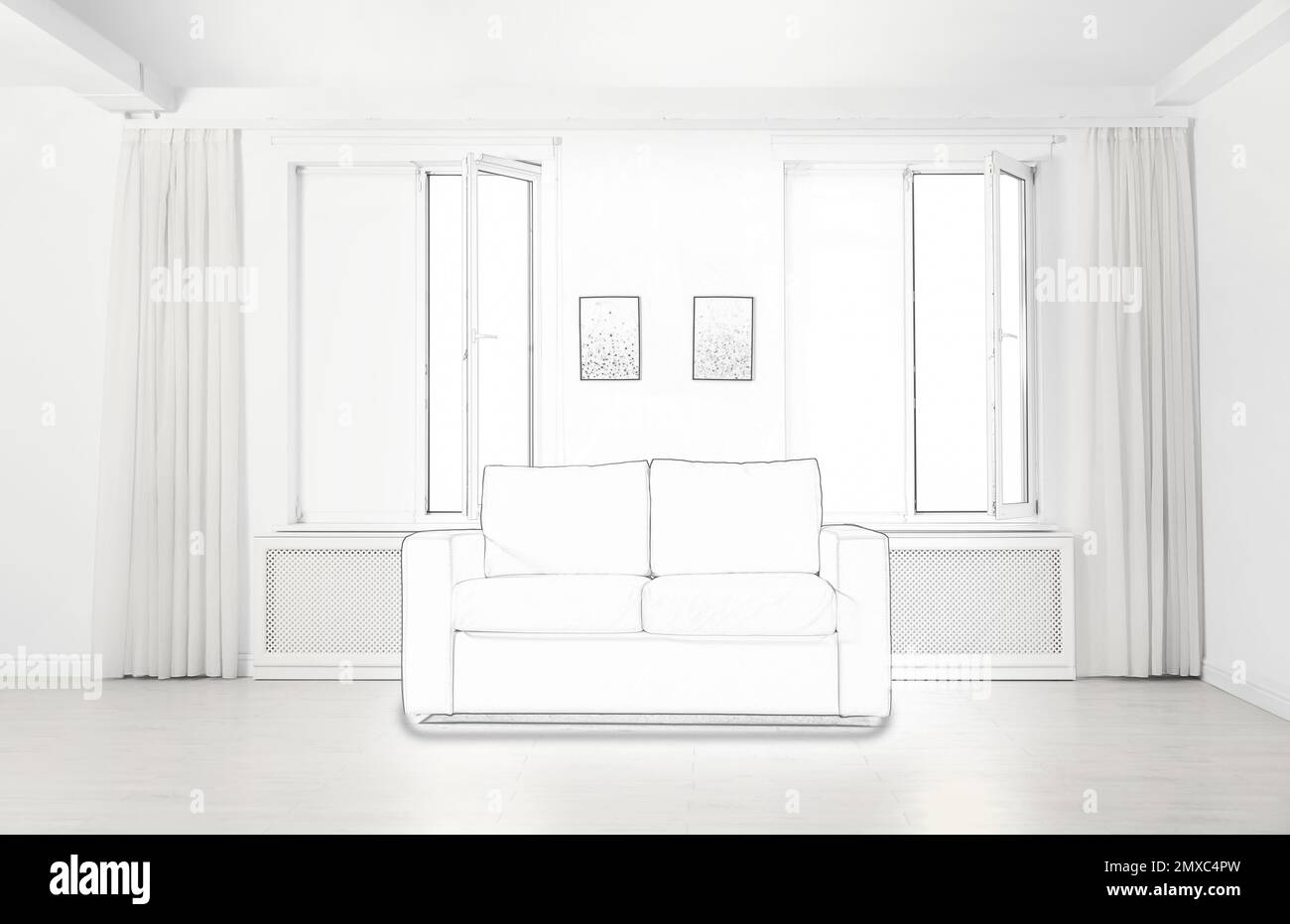 Stylish room with comfortable sofa. Illustrated interior design Stock ...