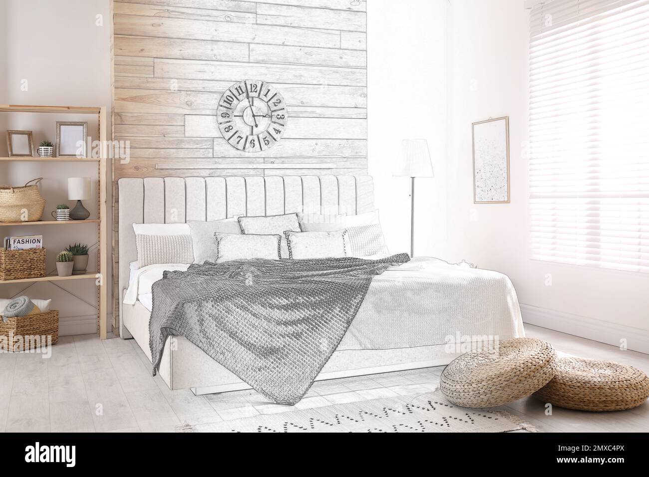 Stylish room with big comfortable bed. Illustrated interior design ...