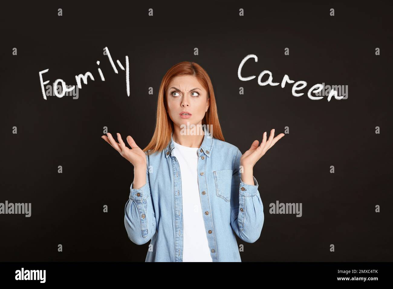 Life balance. Puzzled woman making choice between family and work Stock ...