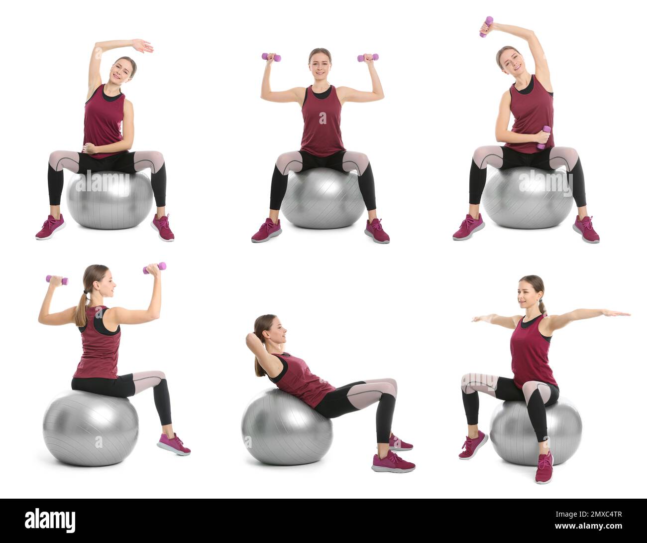 Collage of woman with fitball doing exercises on white background Stock ...