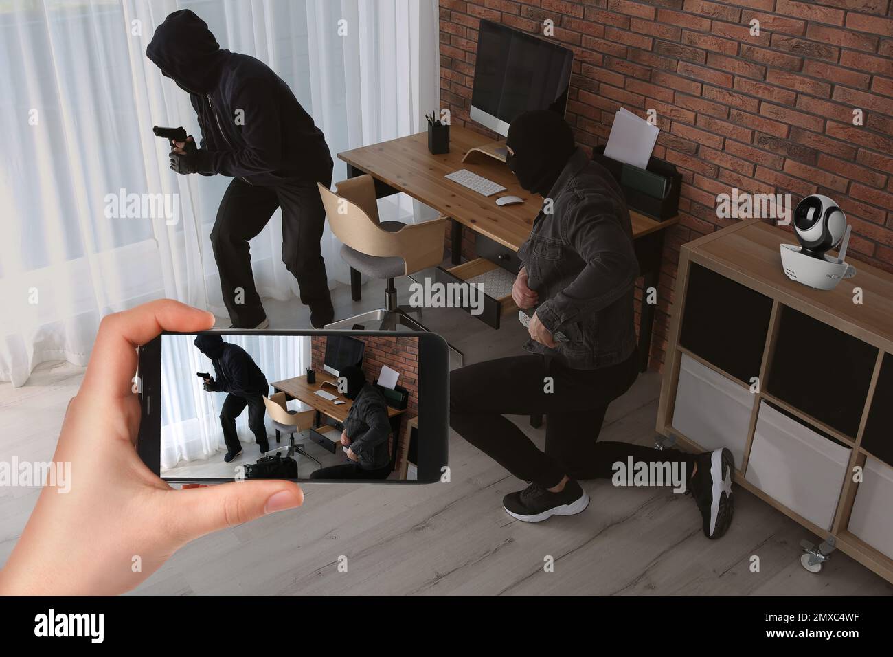 Man monitoring situation at his house with CCTV app on smartphone ... Man monitoring situation at his house with CCTV app on smartphone ...