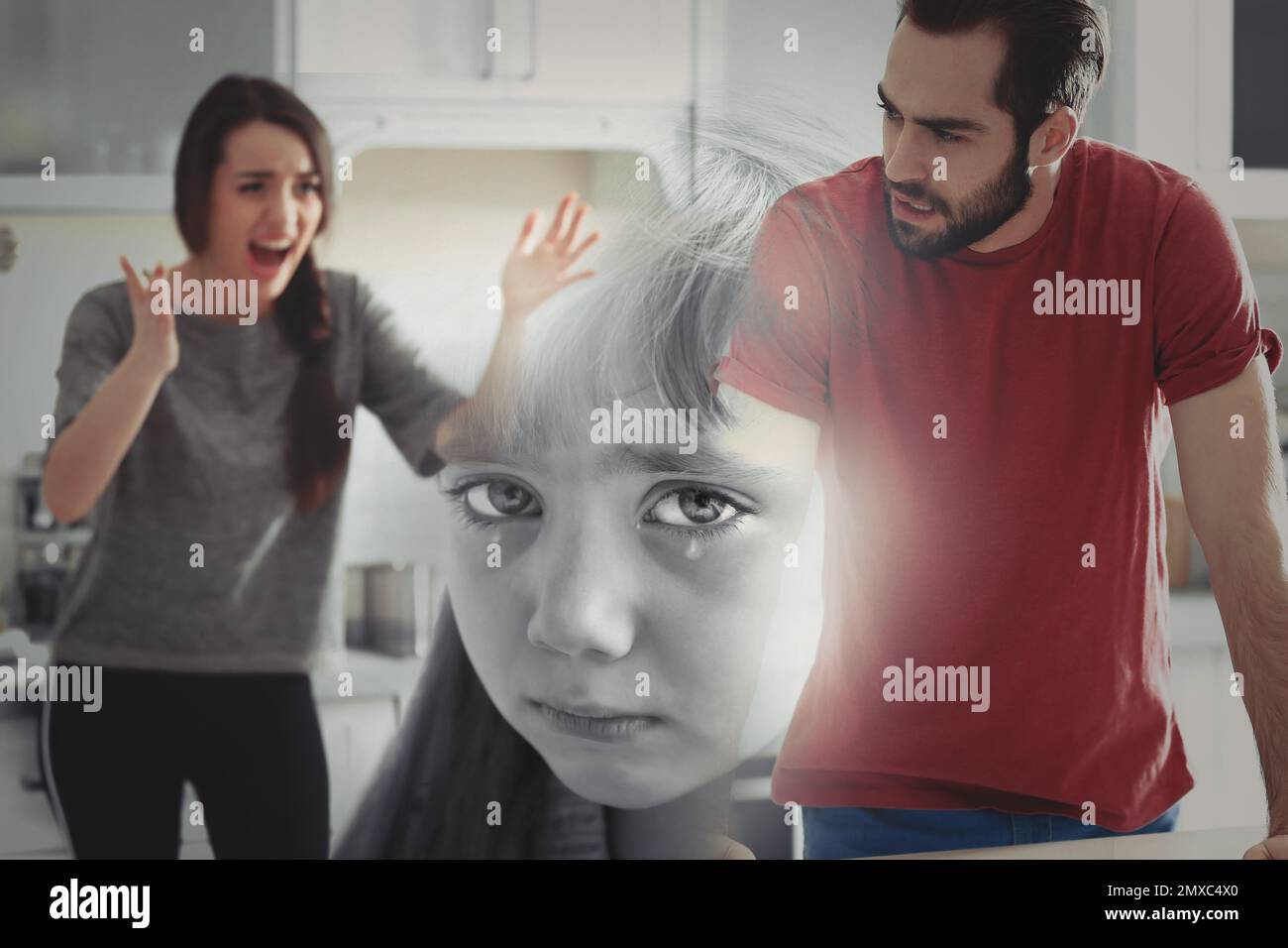 Double exposure of sad little girl and her arguing parents Stock Photo ...