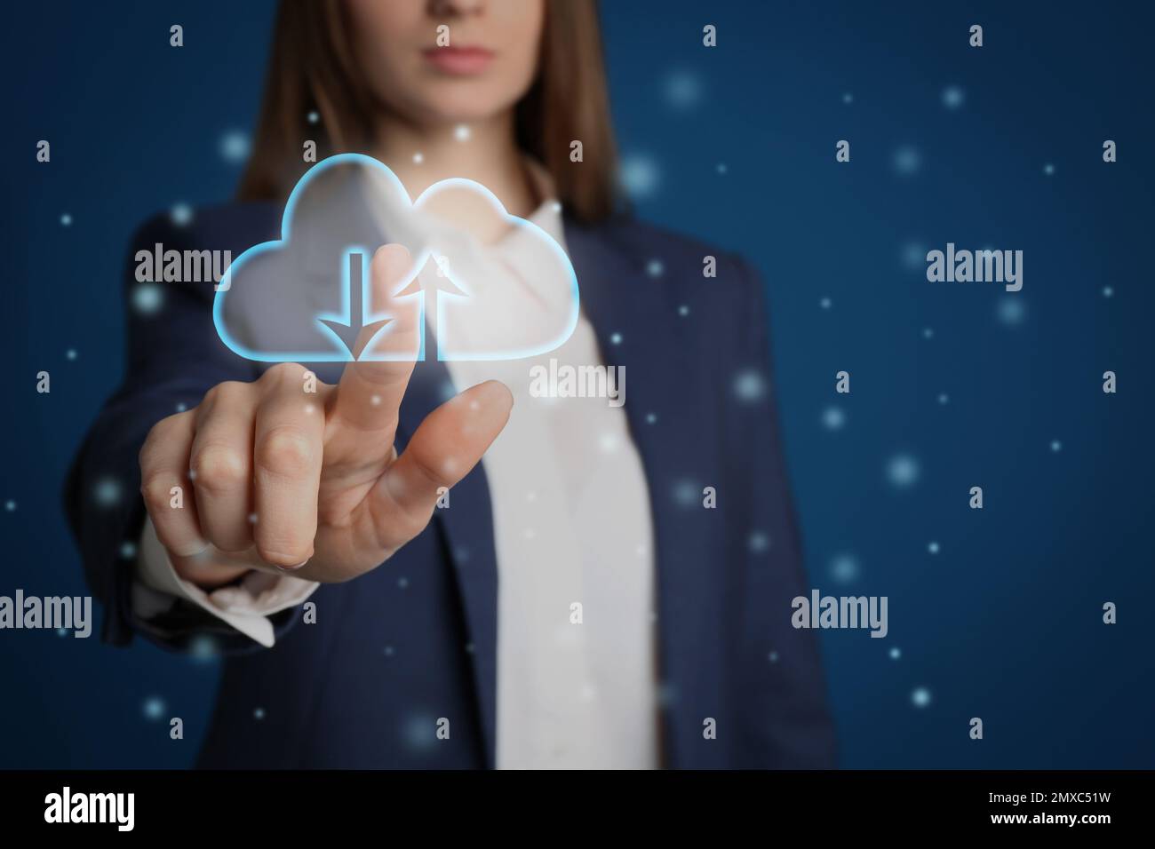 Modern storage technology concept. Woman touching icon of cloud on ...