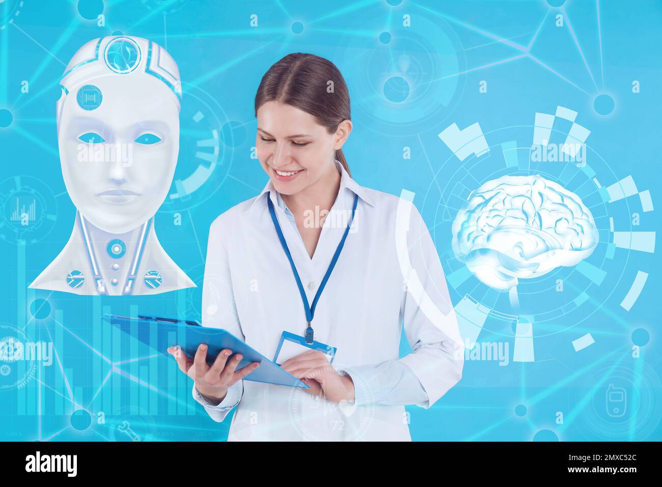 Double exposure of doctor using tablet and artificial intelligence ...