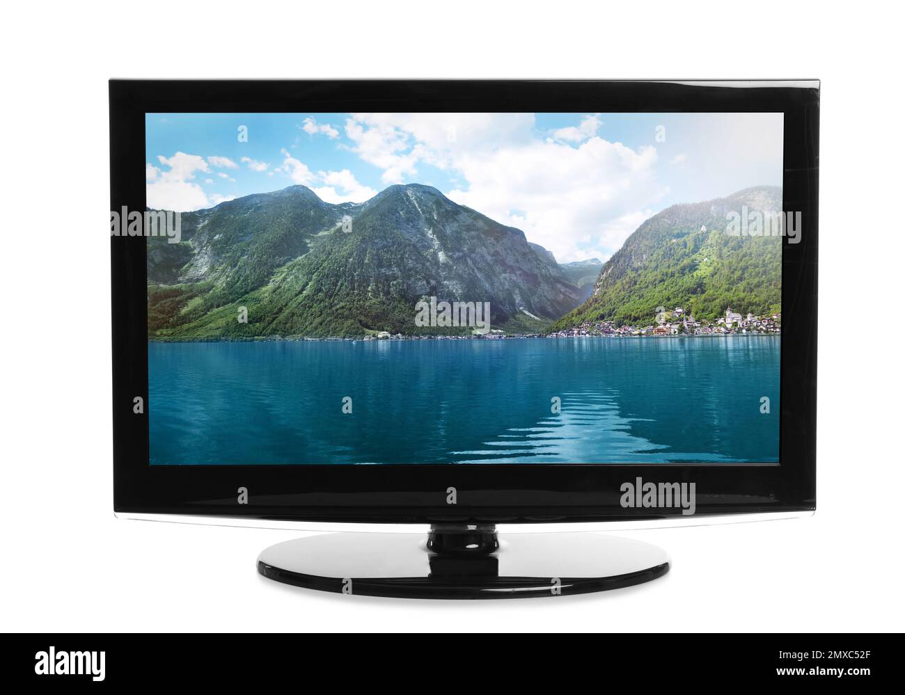 Modern plasma TV with landscape on screen against white background ...