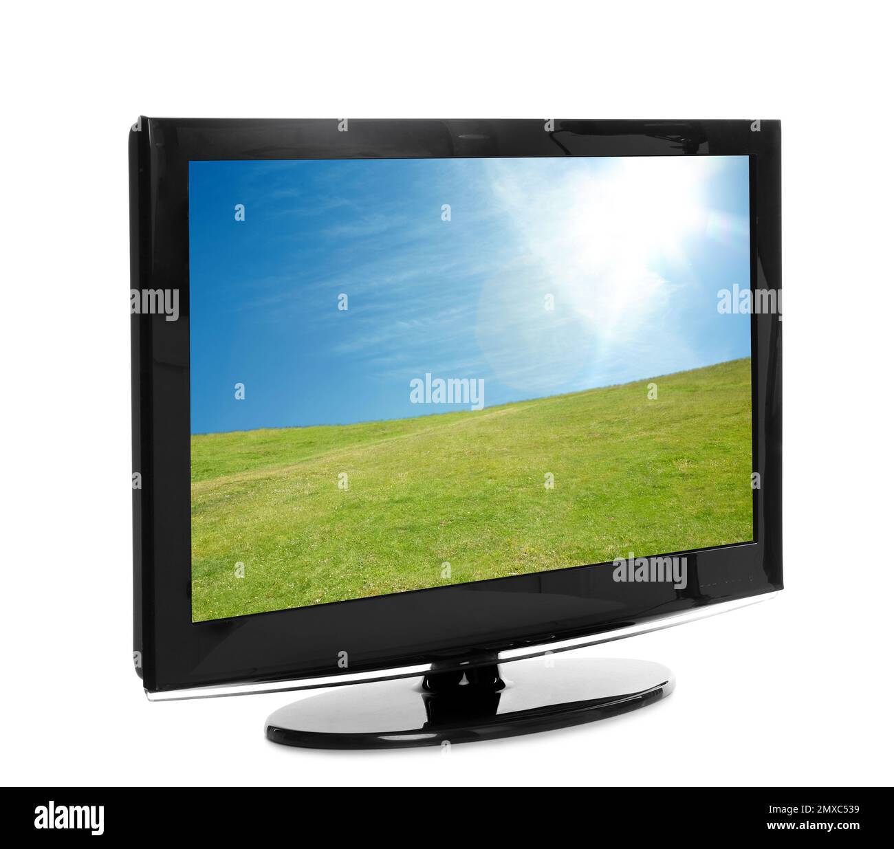 Modern plasma TV with landscape on screen against white background ...