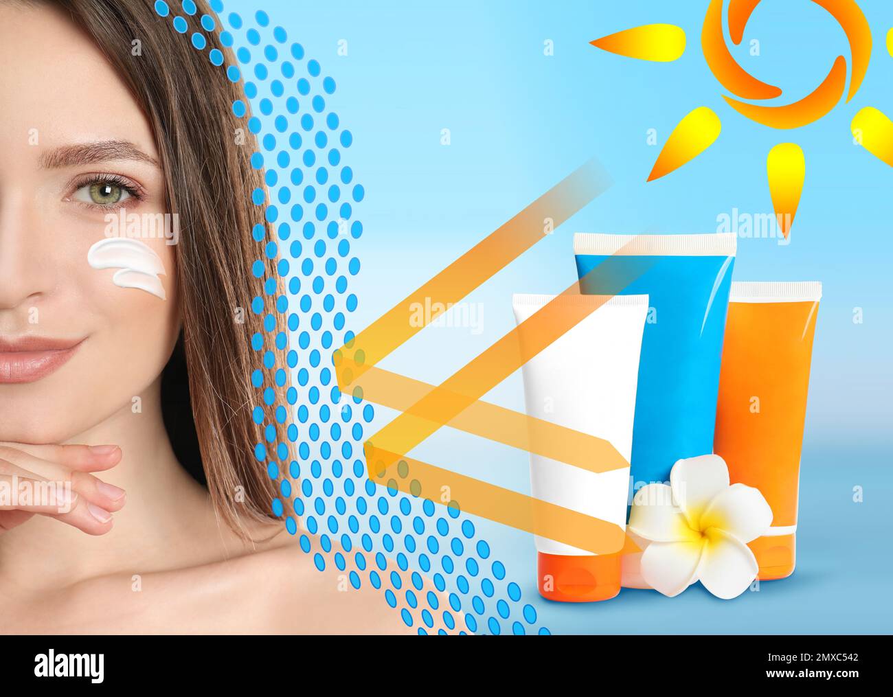 Illustration of sun protection layer and beautiful young woman with ...