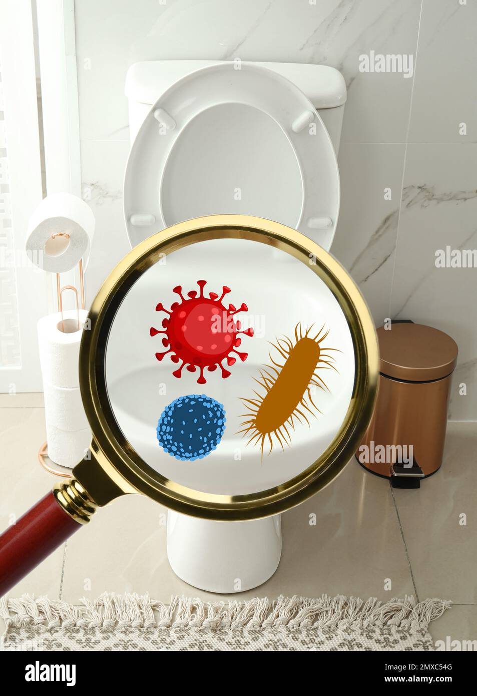 Magnifying glass and illustration of microbes on toilet bowl in ...