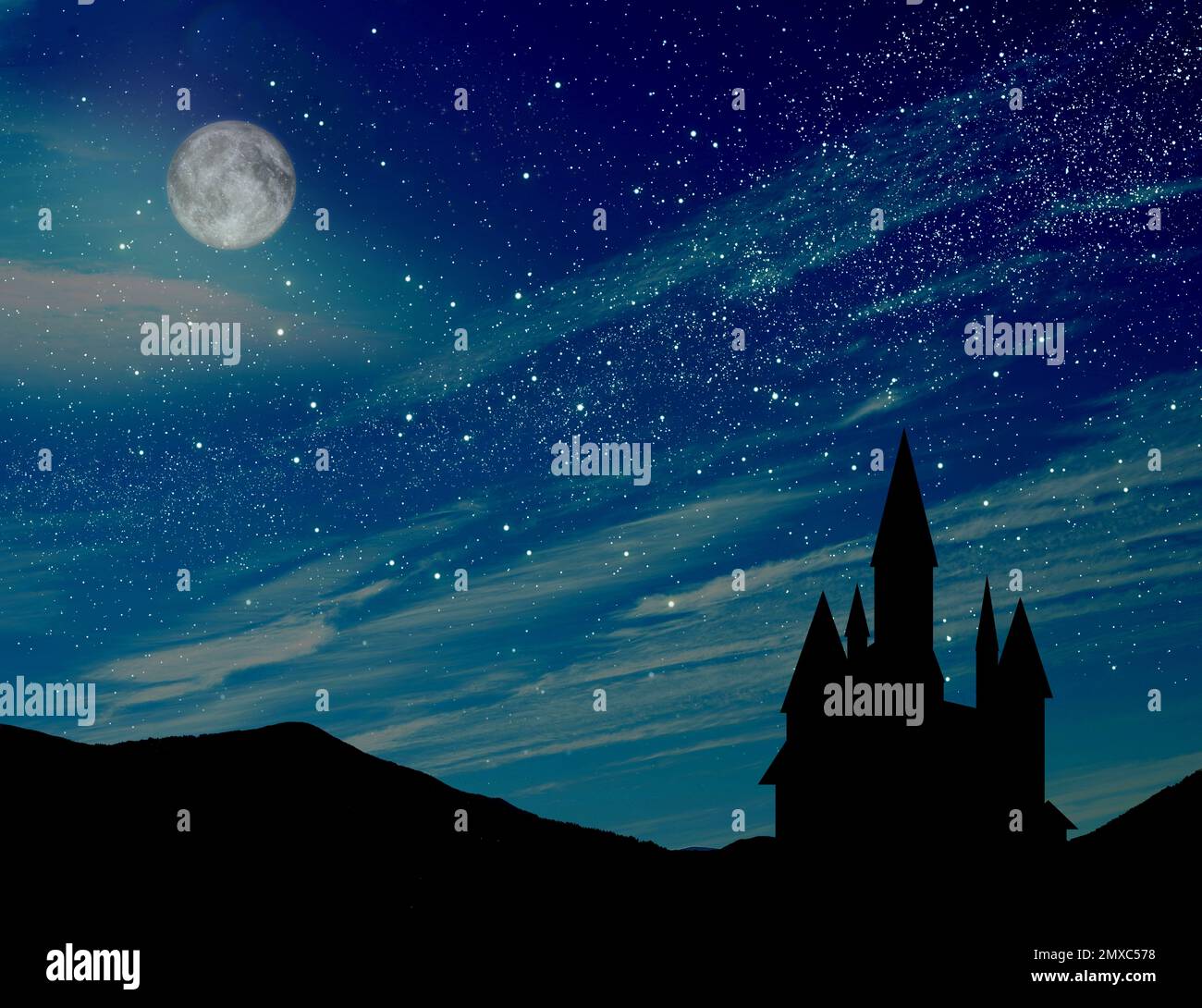 Fairy tale. Magnificent castle under starry sky with full moon at night ...