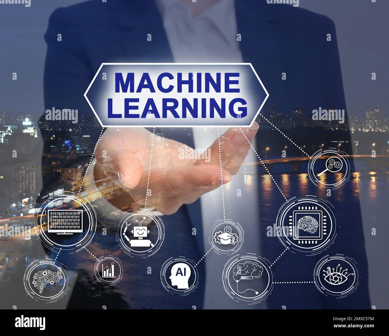 Woman demonstrating machine learning model with linked icons and night ...
