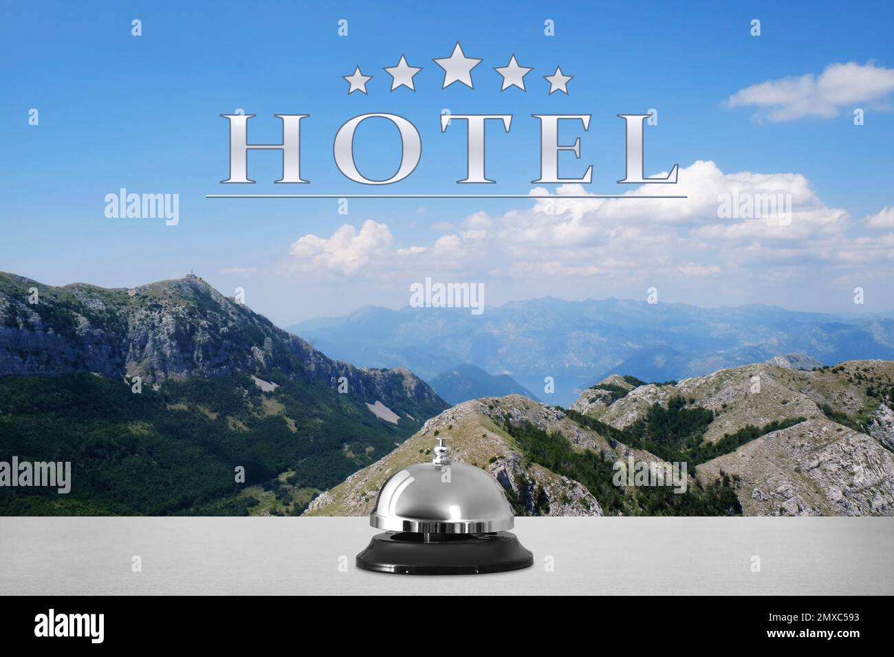5 Star hotel. Reception desk with service bell and picturesque ...
