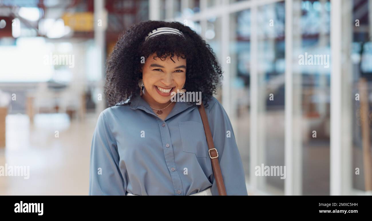 Business woman, hair and portrait of a happy shy creative employee ...