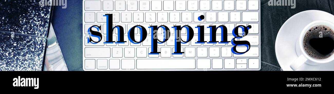 Word SHOPPING and modern computer keyboard on table, flat lay. Banner ...