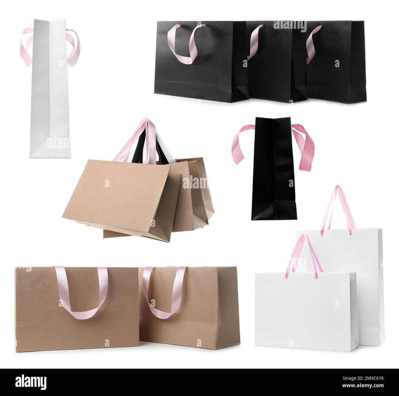 Set with different paper shopping bags on white background Stock Photo ...