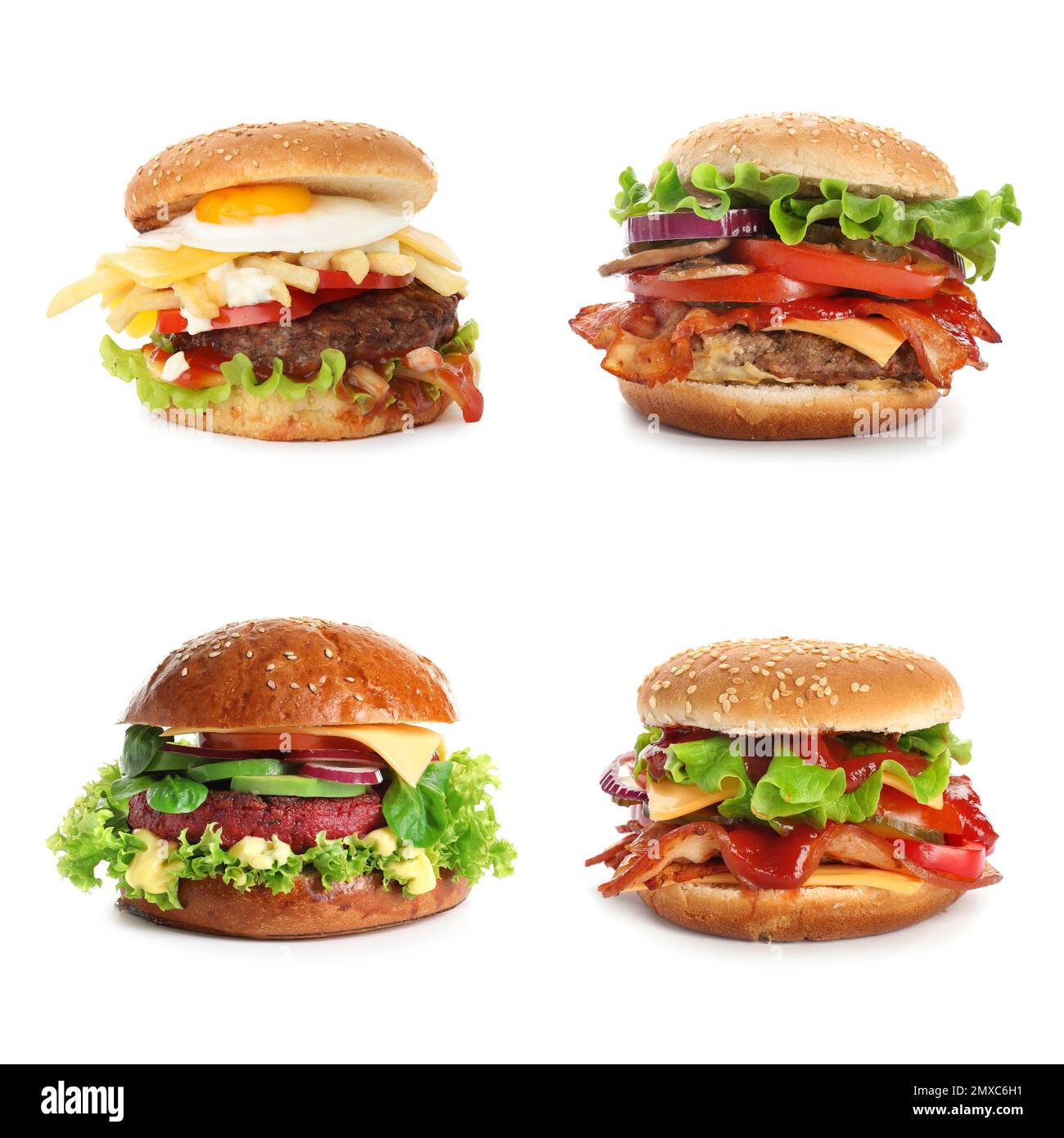Set of different delicious burgers on white background Stock Photo - Alamy