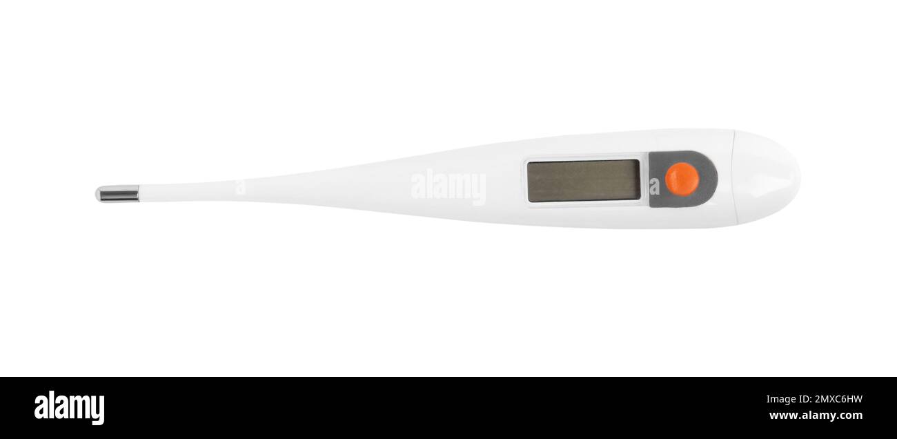Modern digital thermometer on white background, top view Stock Photo ...