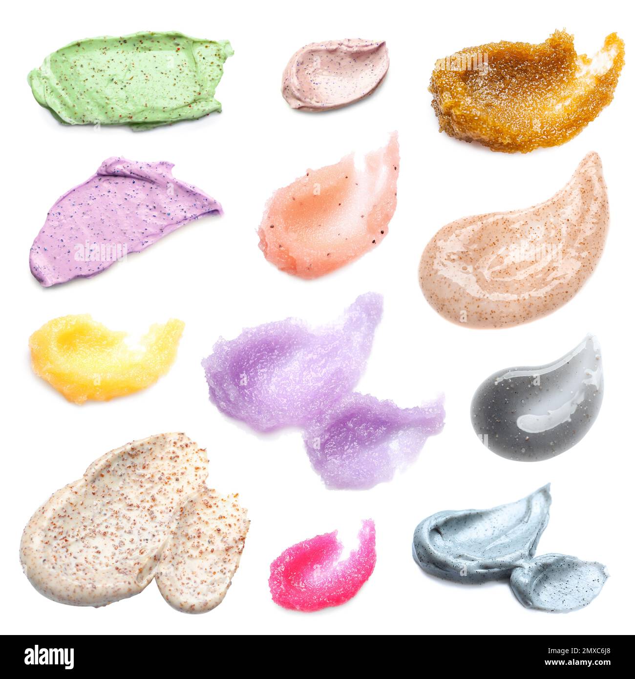 Set with different samples of natural scrubs on white background, top ...