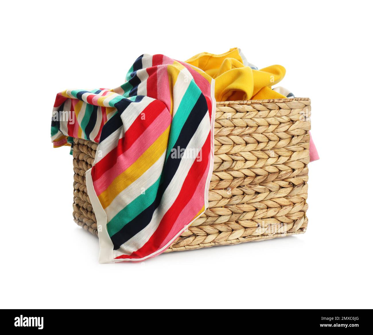 Wicker laundry basket with different clothes isolated on white Stock ...