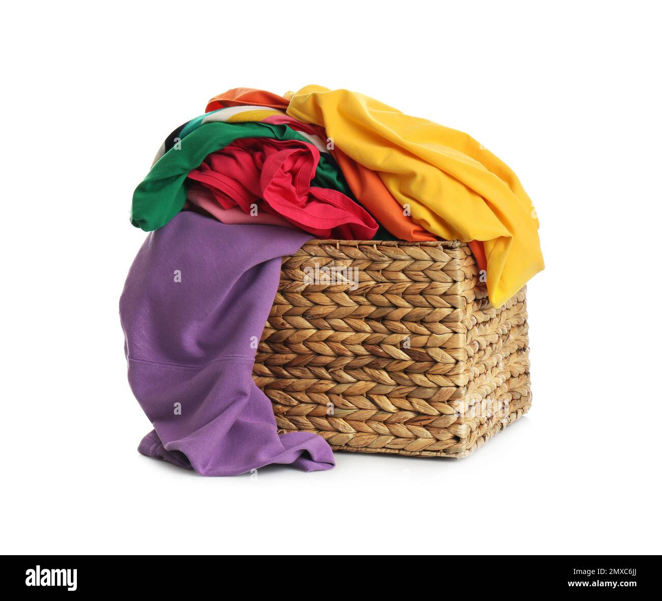 Wicker laundry basket with different clothes isolated on white Stock ...