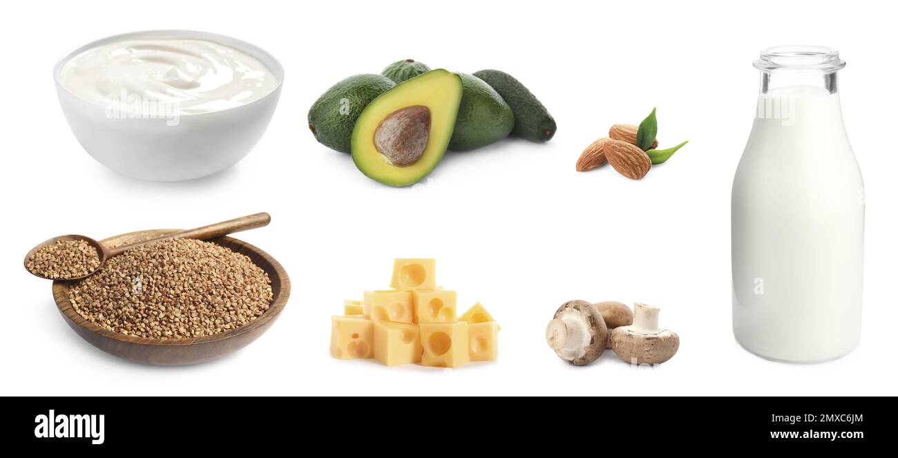 Set with food rich in protein on white background. Banner design Stock ...