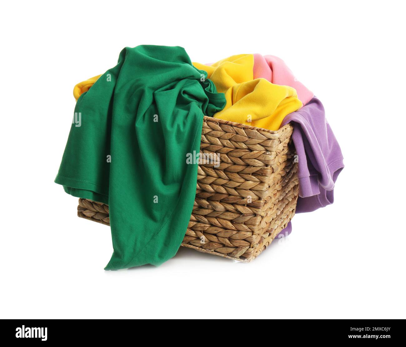 Wicker laundry basket with different clothes isolated on white Stock ...