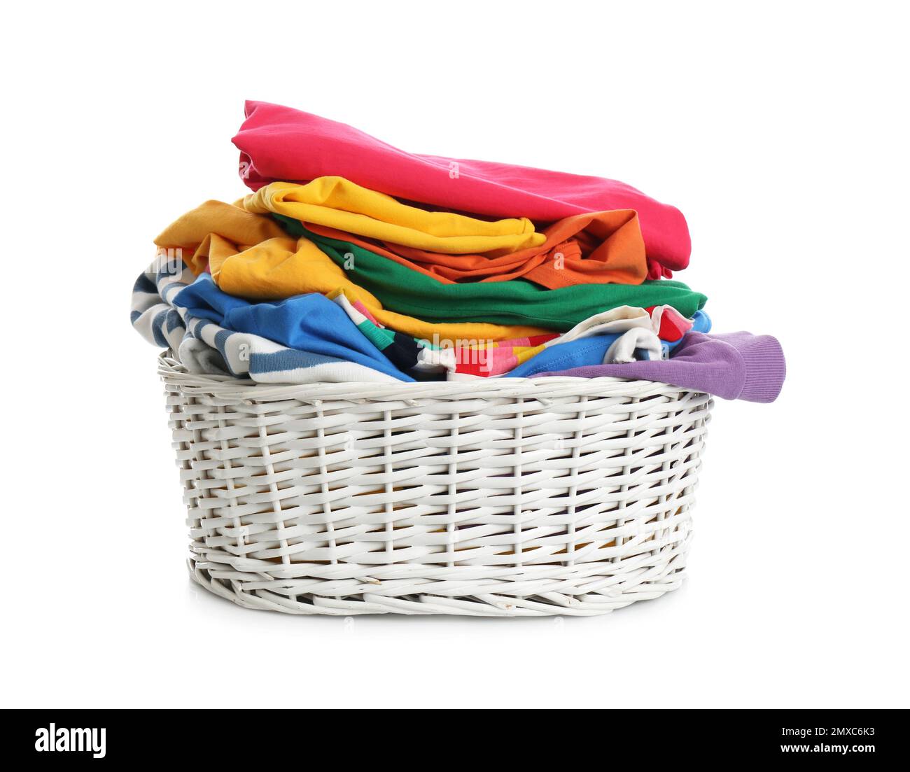 Wicker laundry basket with different clothes isolated on white Stock ...