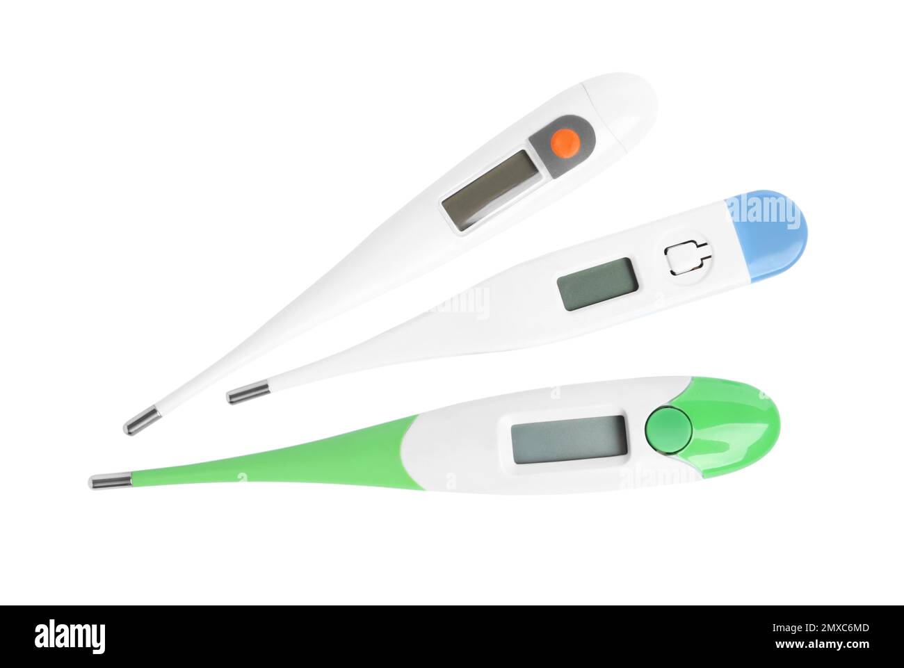 Modern digital thermometers on white background, top view Stock Photo ...
