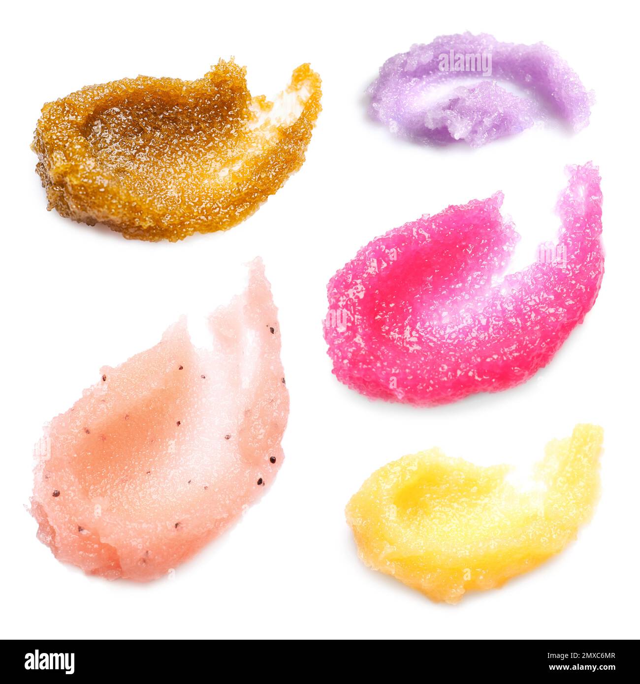 Set with different samples of natural scrubs on white background, top ...