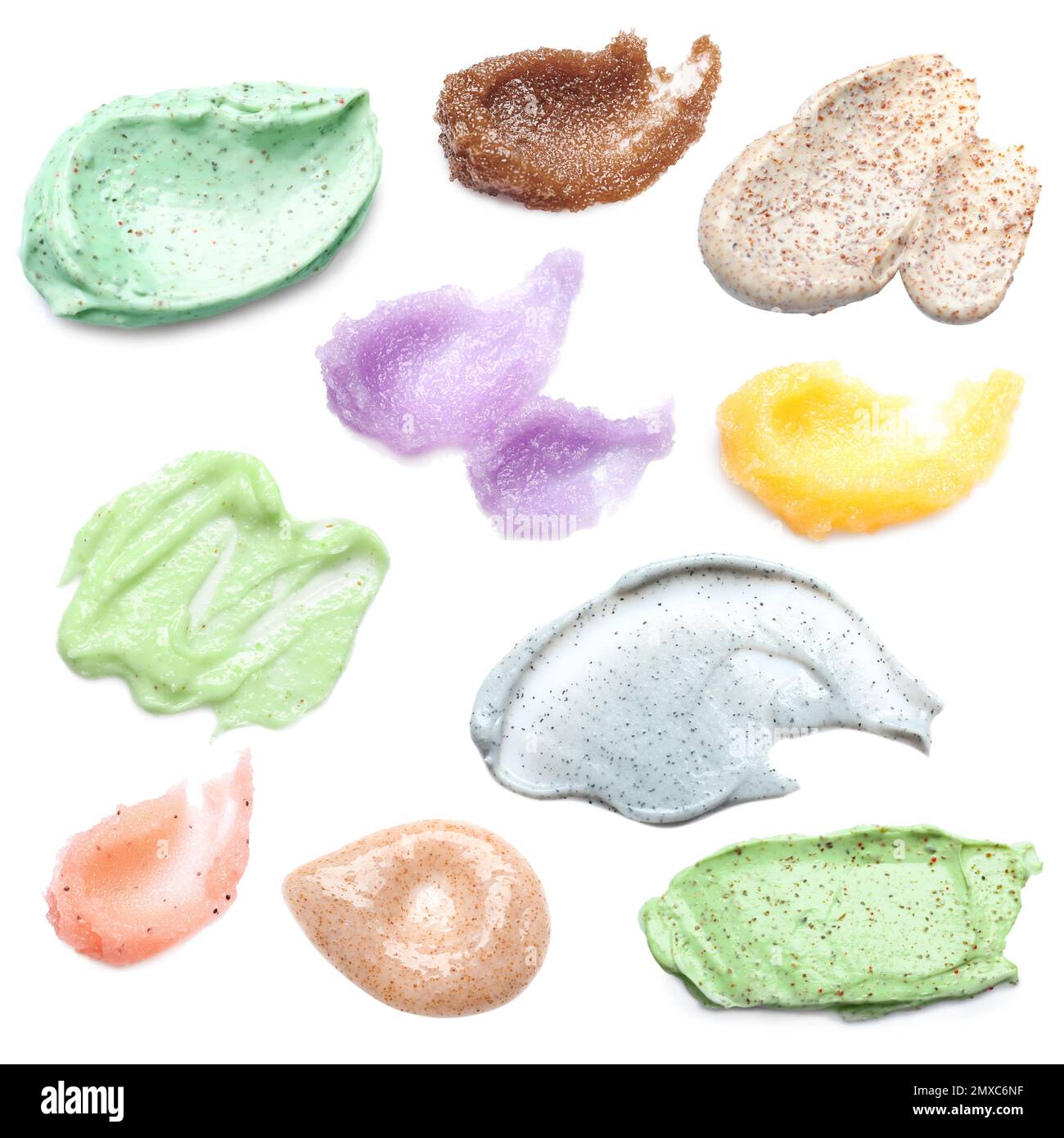 Set with different samples of natural scrubs on white background, top ...