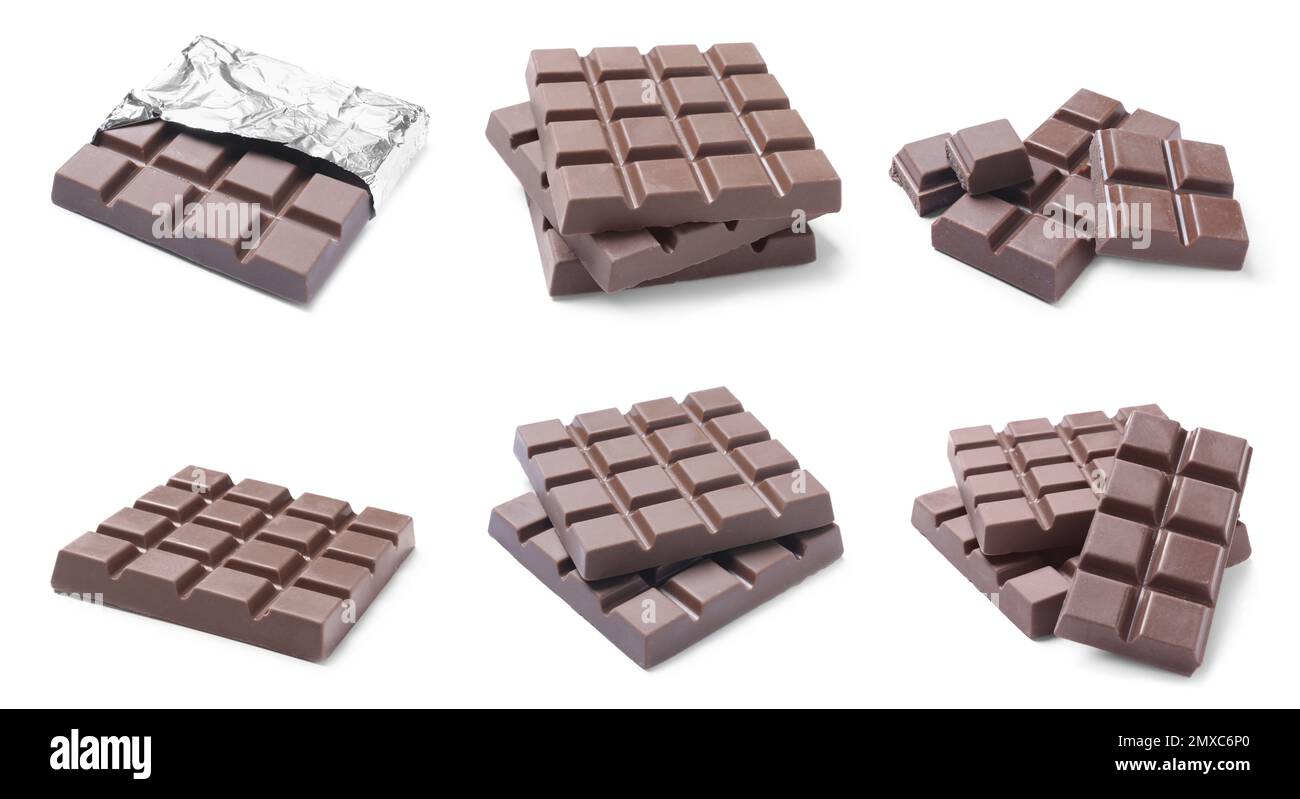 Set with delicious chocolate bars on white background Stock Photo - Alamy